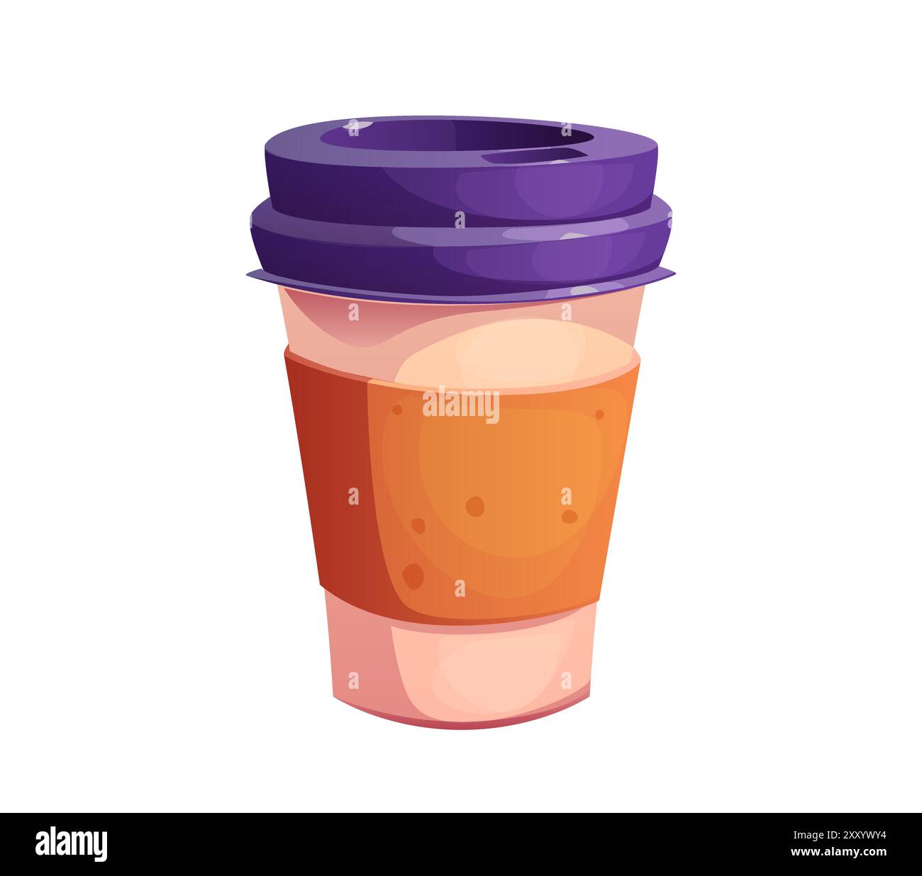Cartoon coffee cup, fast food beverage in a takeaway mug with purple ...