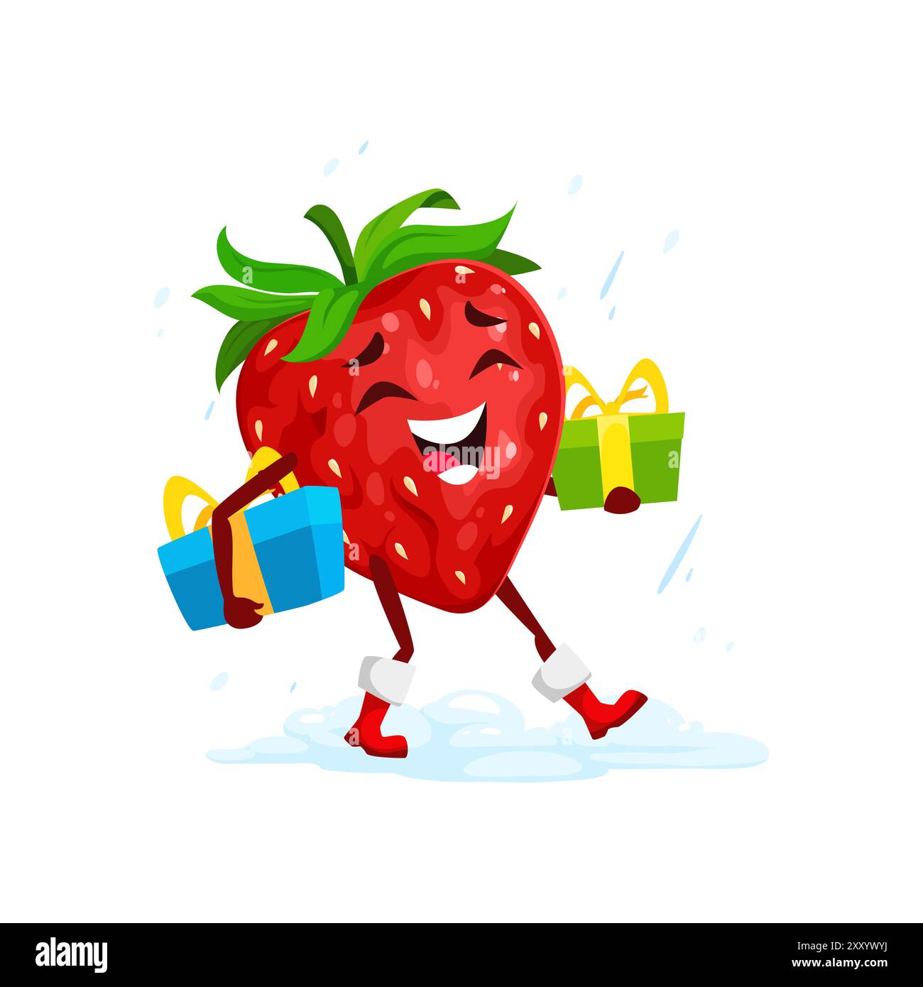 Cartoon Christmas strawberry berry character with gift boxes. Isolated ...