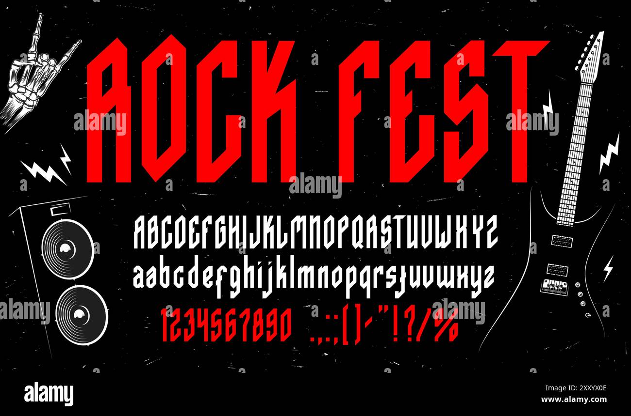 Rock music font or heavy metal musical type and punk typeface alphabet ...