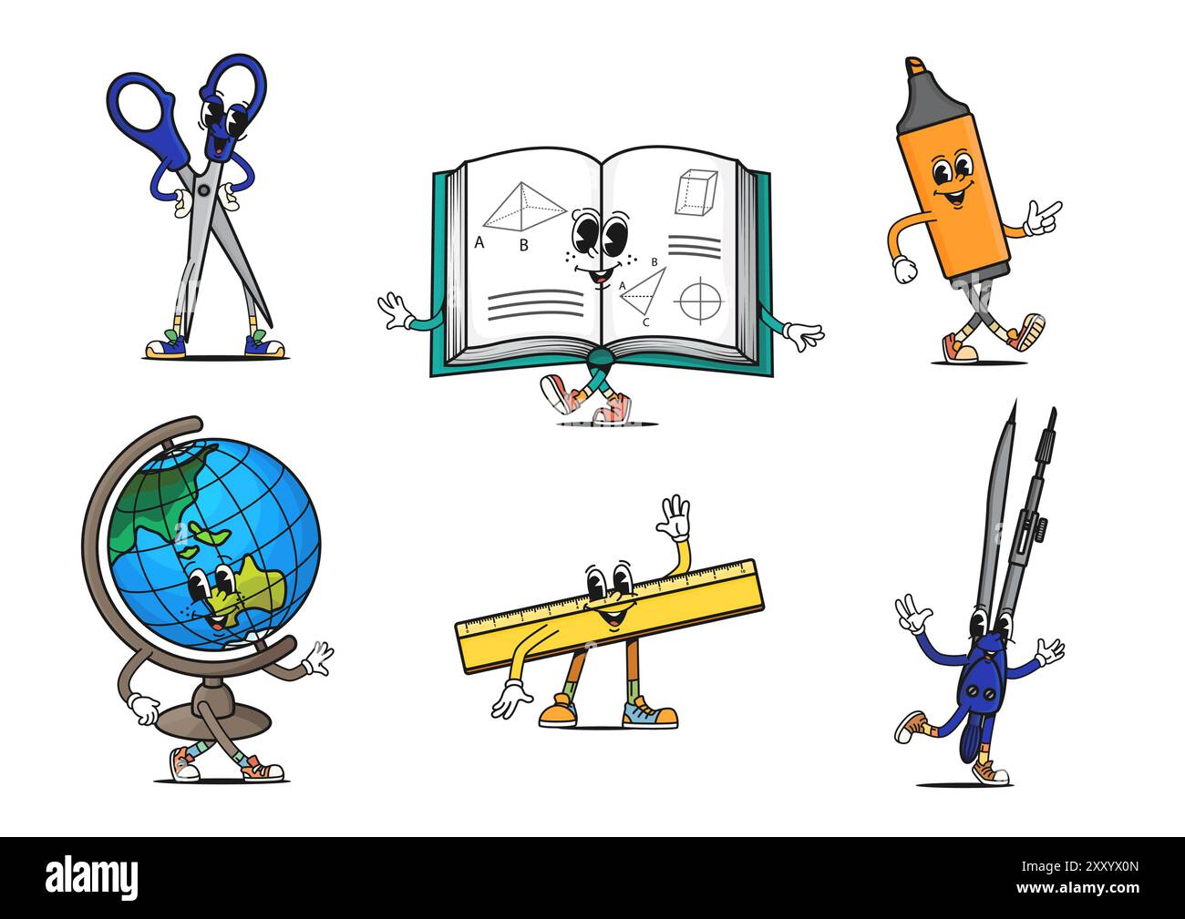 Cartoon groovy school education stationery characters set. Vector globe ...
