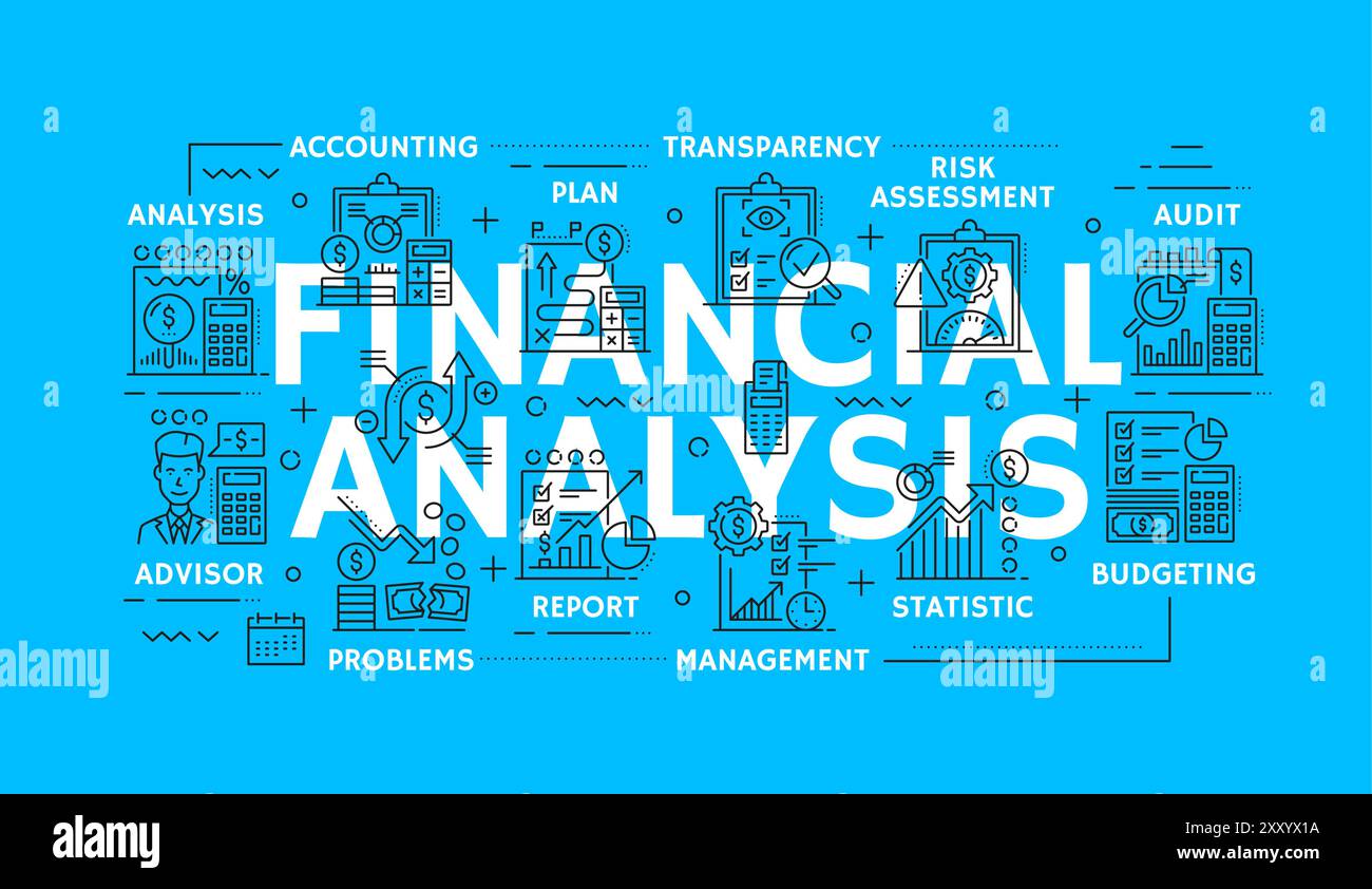 Financial analysis banner with line icons of finance audit, banking and ...
