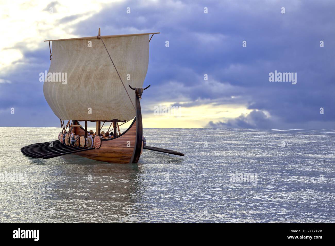 Viking ship longship 3D render image rowing vikings on a sailing ship ...