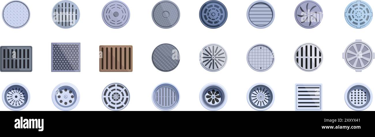 Drain manhole icons set. Variety of manhole covers are displayed ...