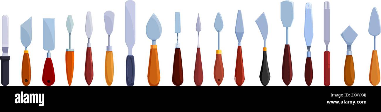 Palette knife icons set. Set of palette knives with wooden handles ...