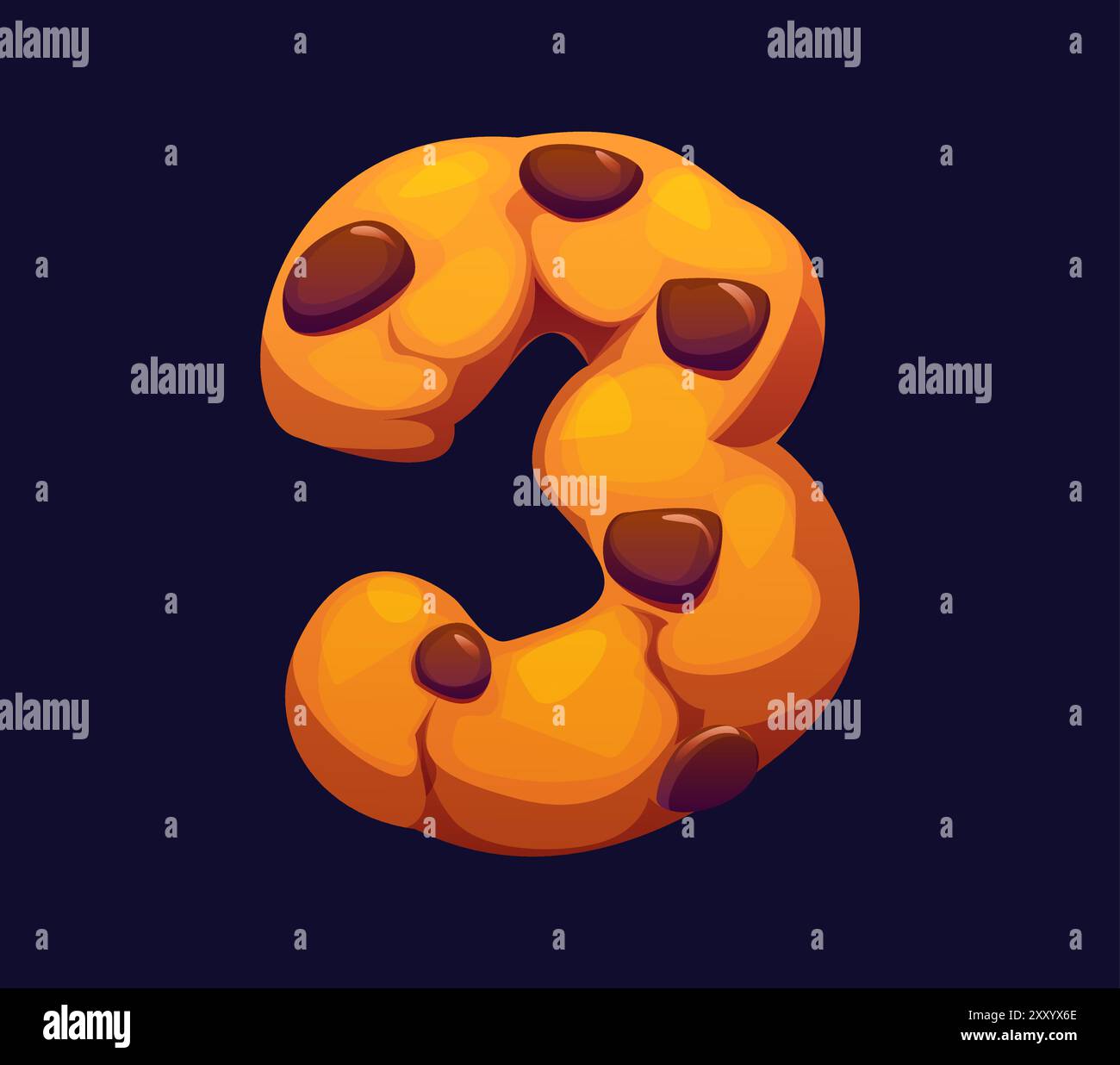 Cartoon number three as a cookie with chocolate chips. Candy and ...