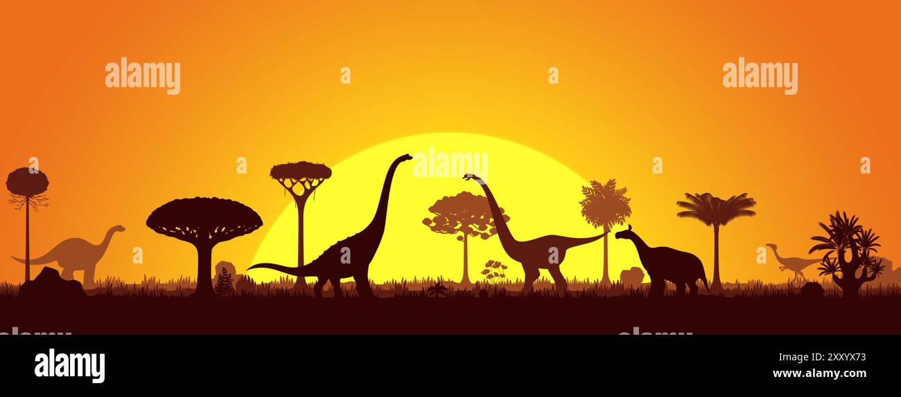 Sunset landscape, prehistoric dinosaur silhouettes. Vector background ...