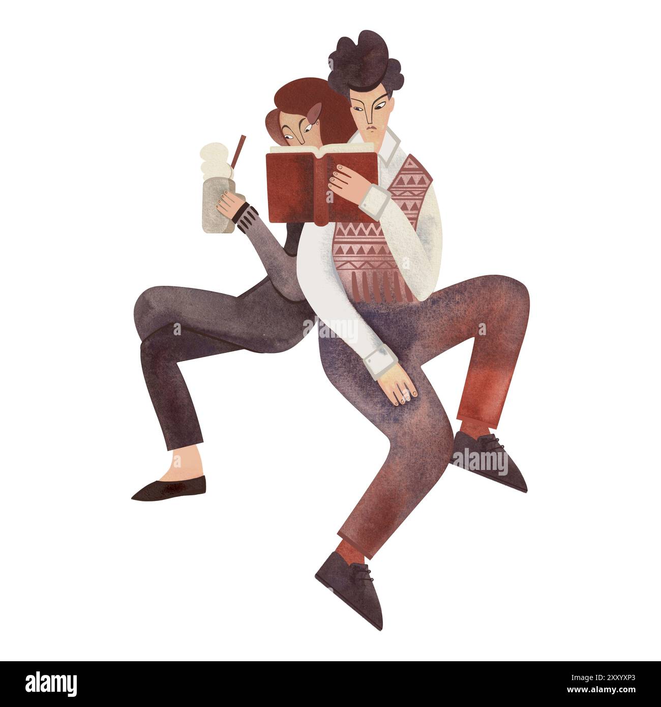Love of reading. Young couple dressed in vintage clothes. Boy and girl ...