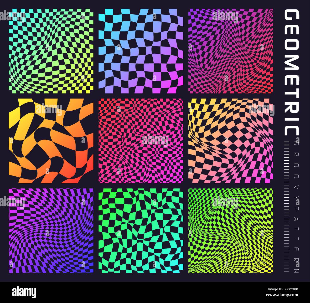 Groovy checkered pattern, colorful distorted tiled grid. Vintage wavy ...