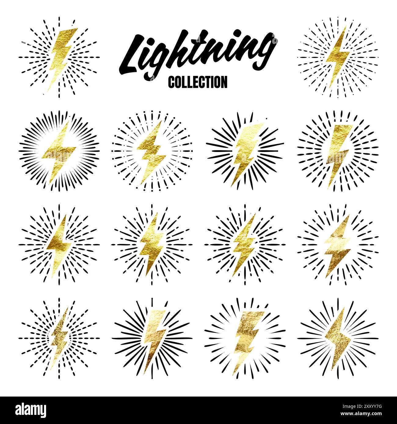 Set of vintage golden lightning bolts and sun rays. Gold foil texture ...