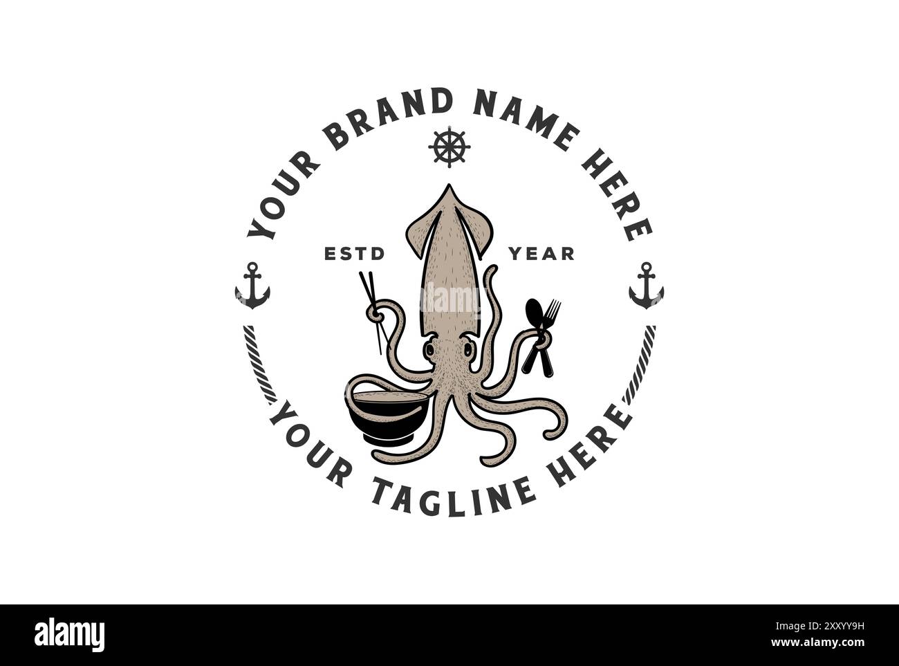 Vintage Retro Squid Cuttlefish with Bowl Chopsticks Spoon and Fork for ...