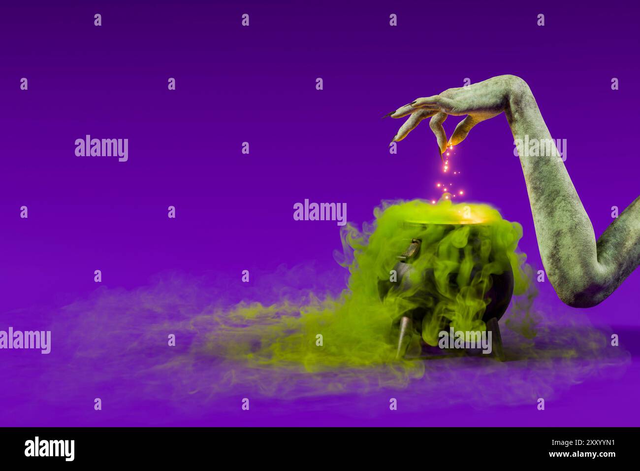 Witch is dropping a magic ingredient in a steaming cauldron full of ...