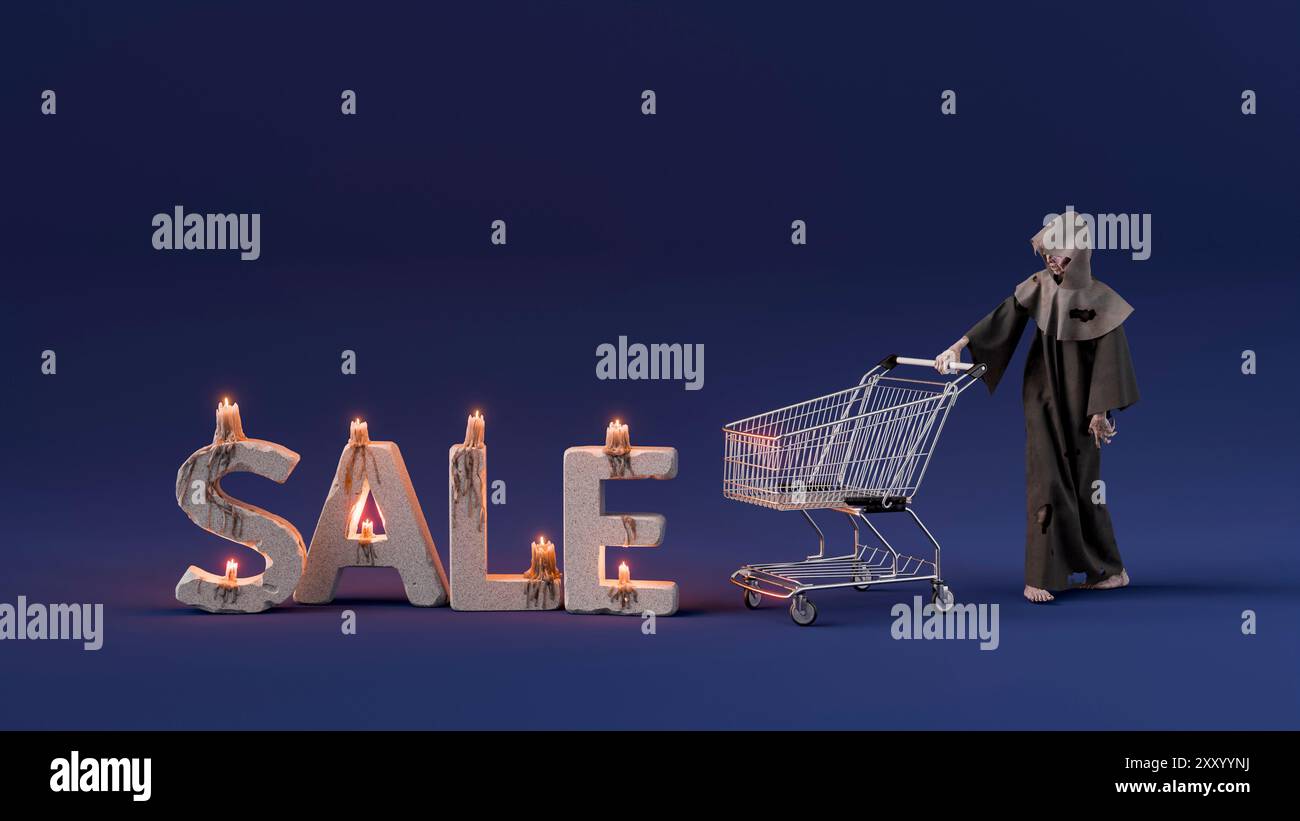 Scary death pushing an empty shopping cart next to a big halloween sale ...