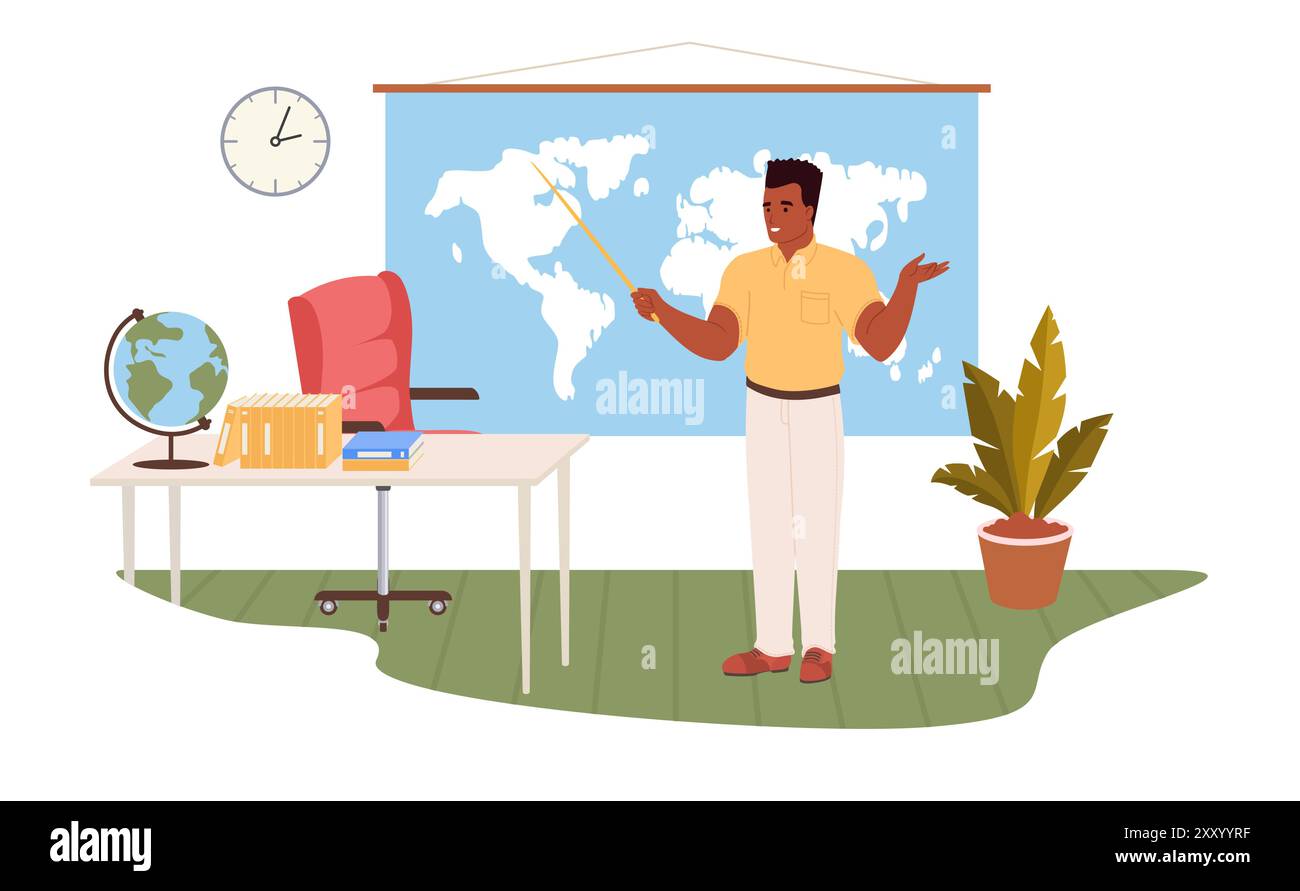 Male geography teacher standing at hanged world map in classroom Stock ...