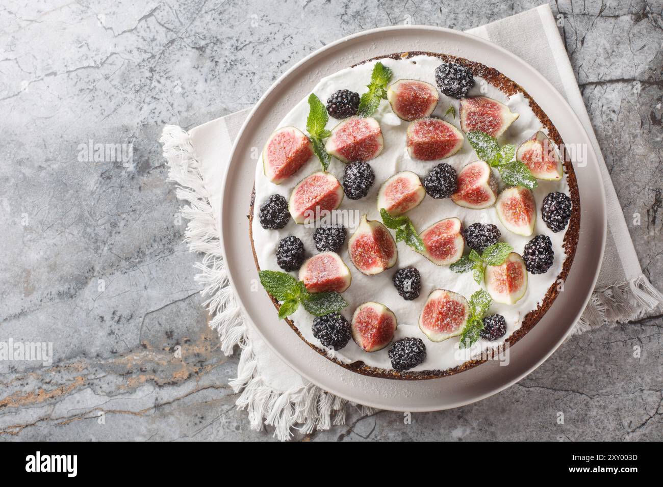 Dark mood cake with Figs, Blackberry and Ricotta Cake closeup on the ...