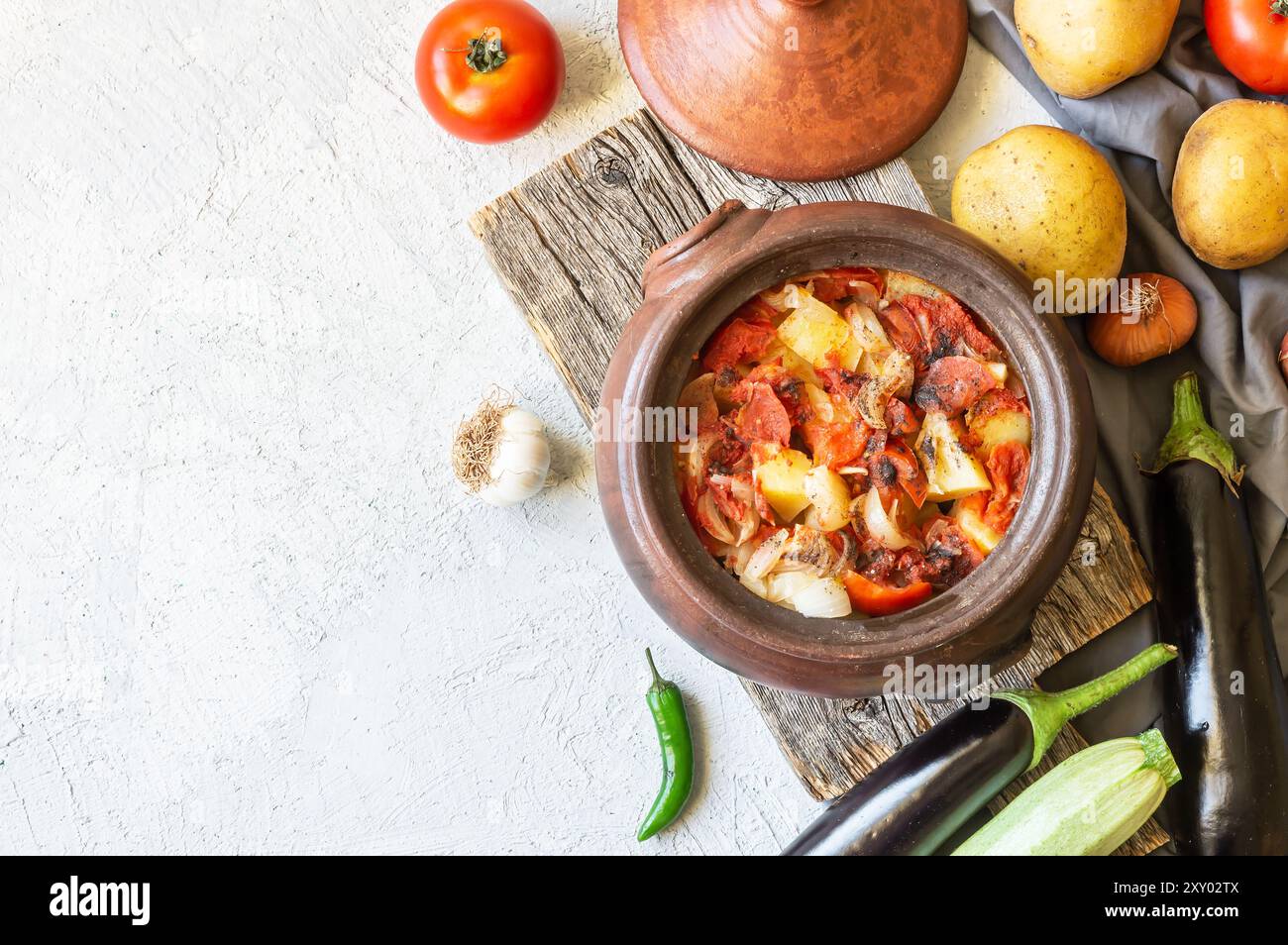 Mixed vegetable dish cooked in earthen casserole, traditional turkish ...