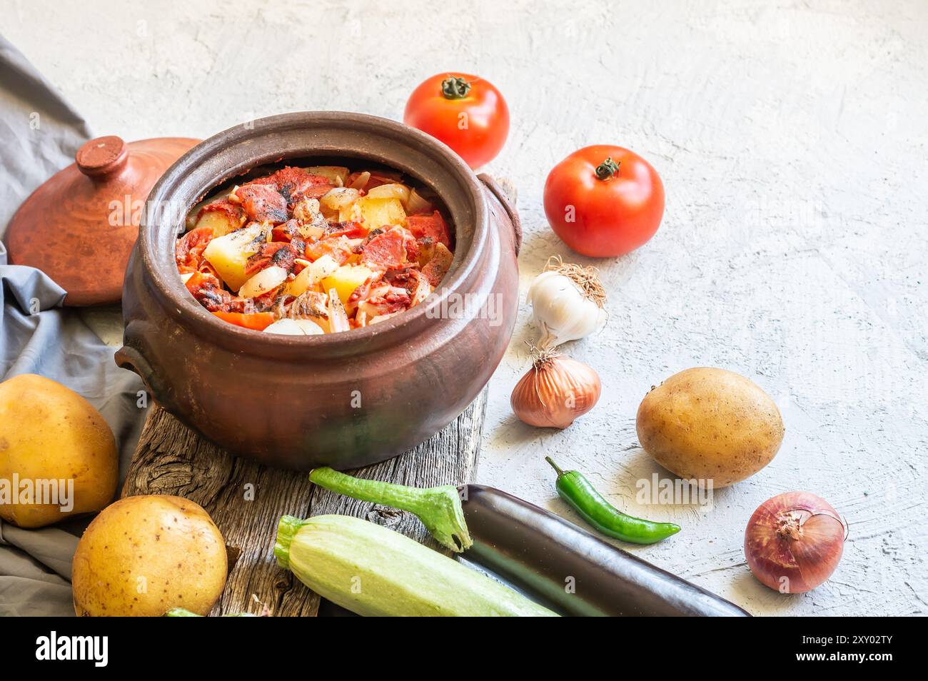Mixed vegetable dish cooked in earthen casserole, traditional turkish ...