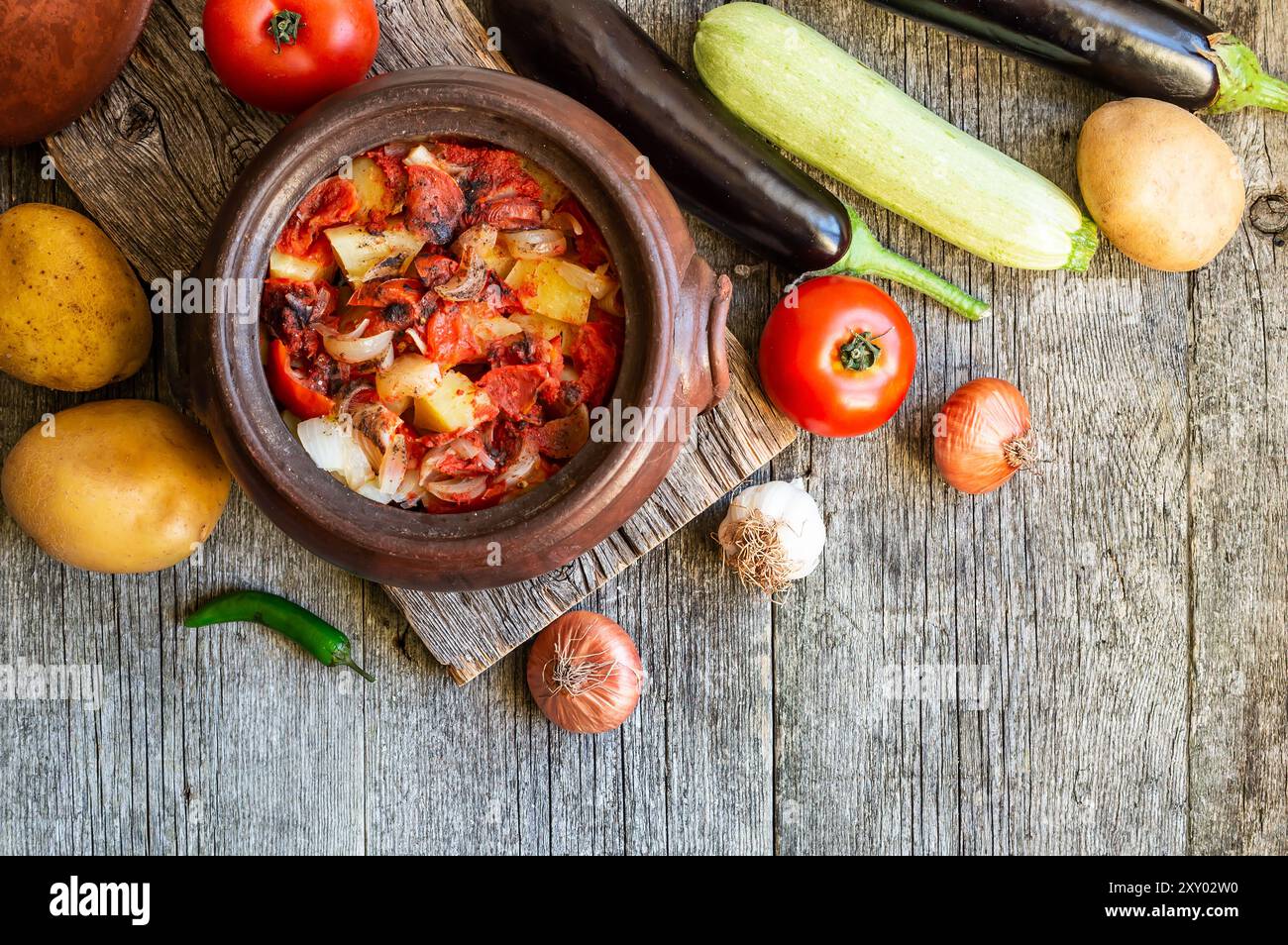 Mixed vegetable dish cooked in earthen casserole, traditional turkish ...