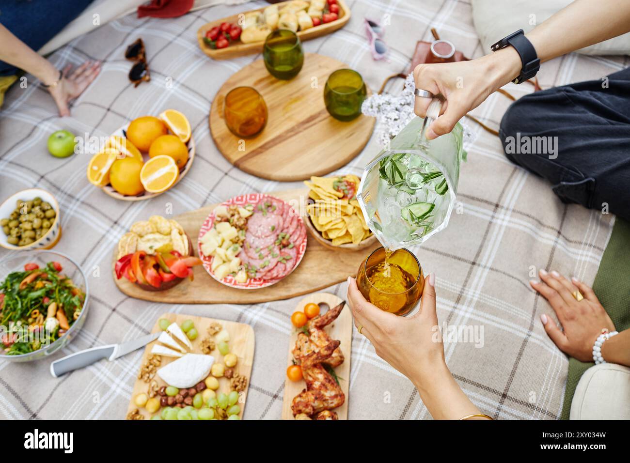 Top-down view of picnic setup with assorted fresh ingredients and ...