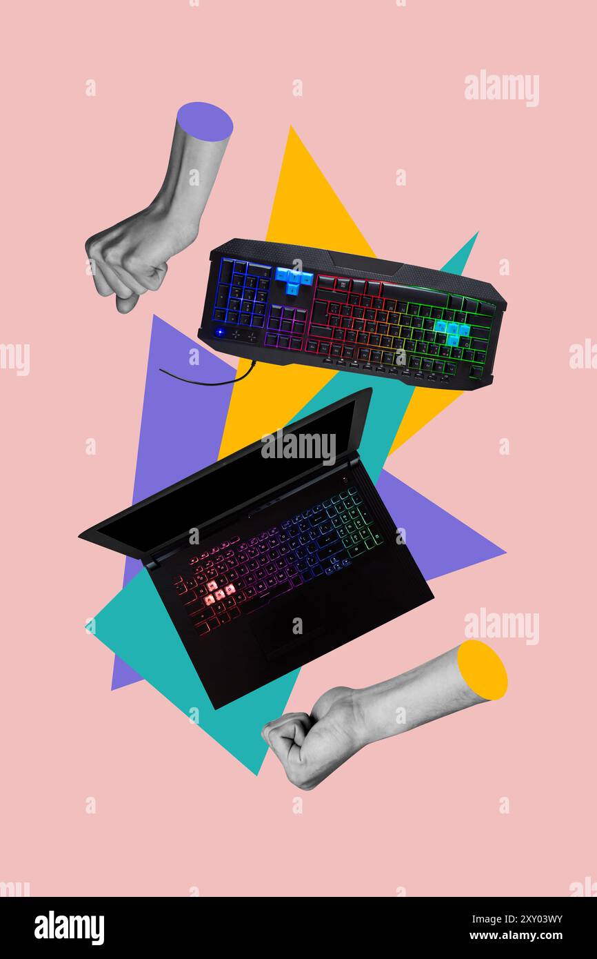 Vertical poster collage gaming computer laptop colorful rgb keyboard ...