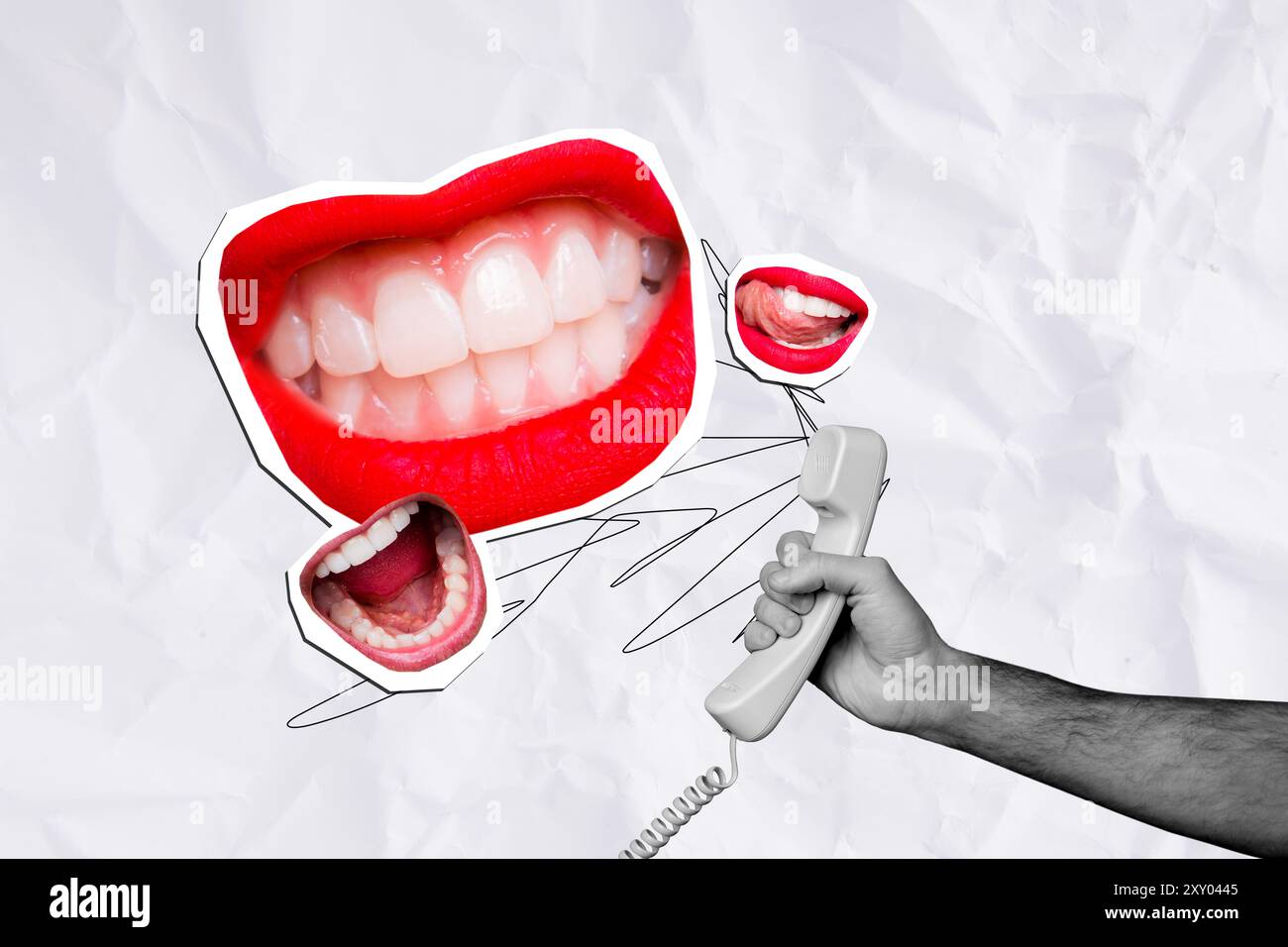 Creative poster collage mouth face fragment grinning teeth telephone ...