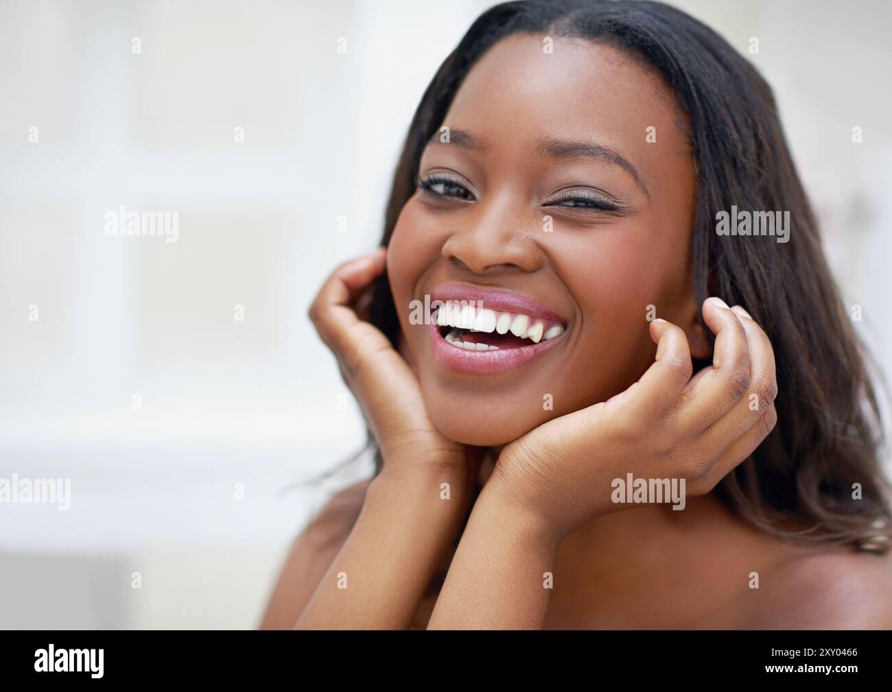 Smile, black girl and portrait in bathroom for skincare, personal ...