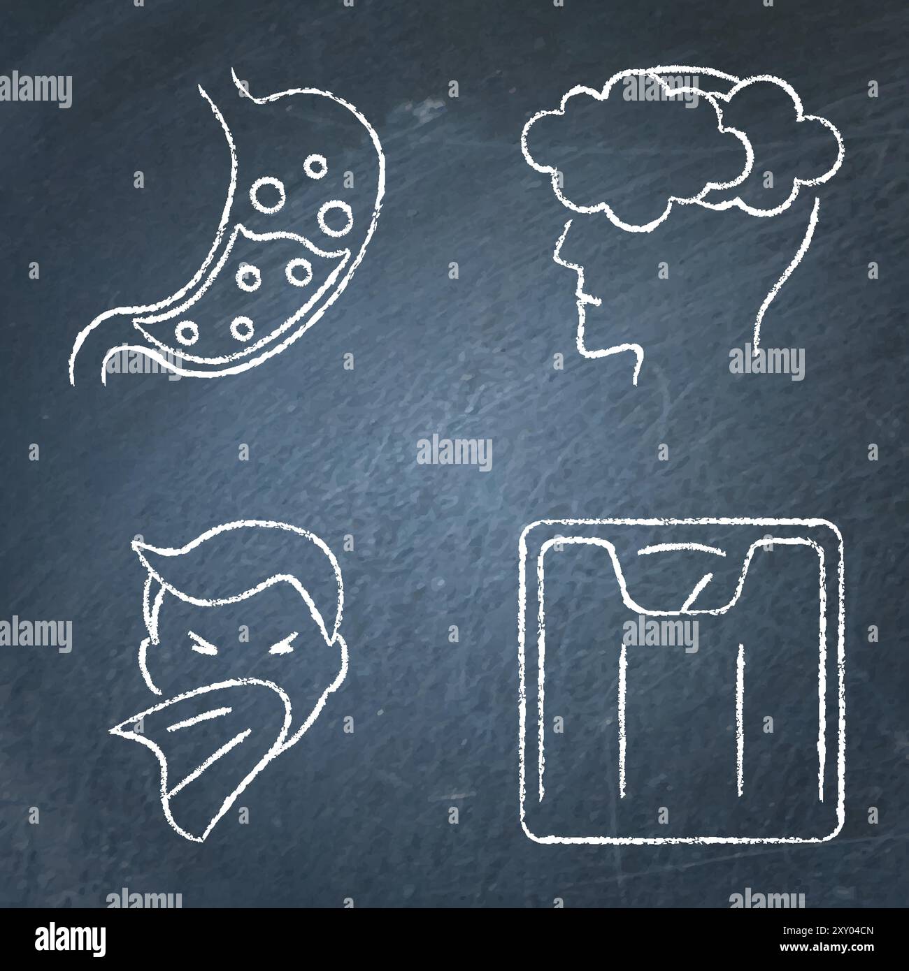 Unhealthy gut symptoms chalkboard icon set. Bloating, brain fog, weight ...