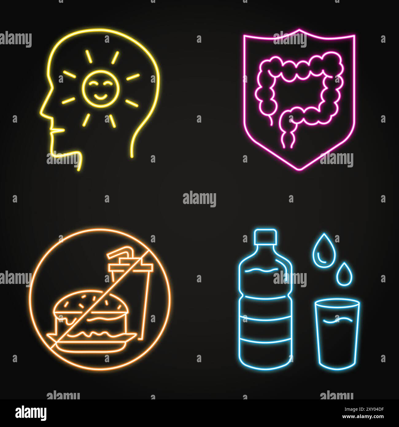 Healthy eating neon icon set. Stay hydrated, no junk food. Vector ...