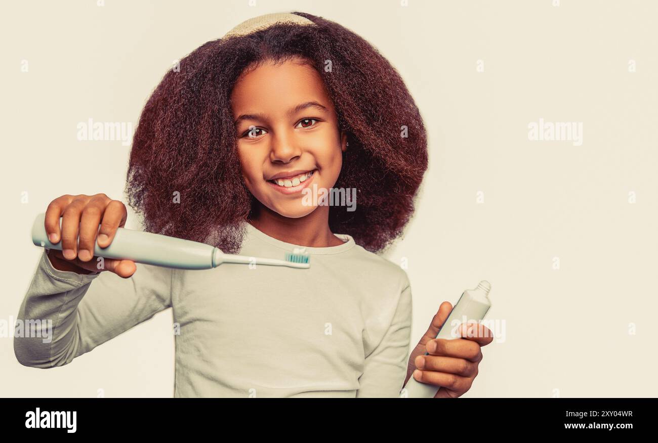 Healthy teeth, toothpaste. Small girl, toothbrush. Little cute african ...