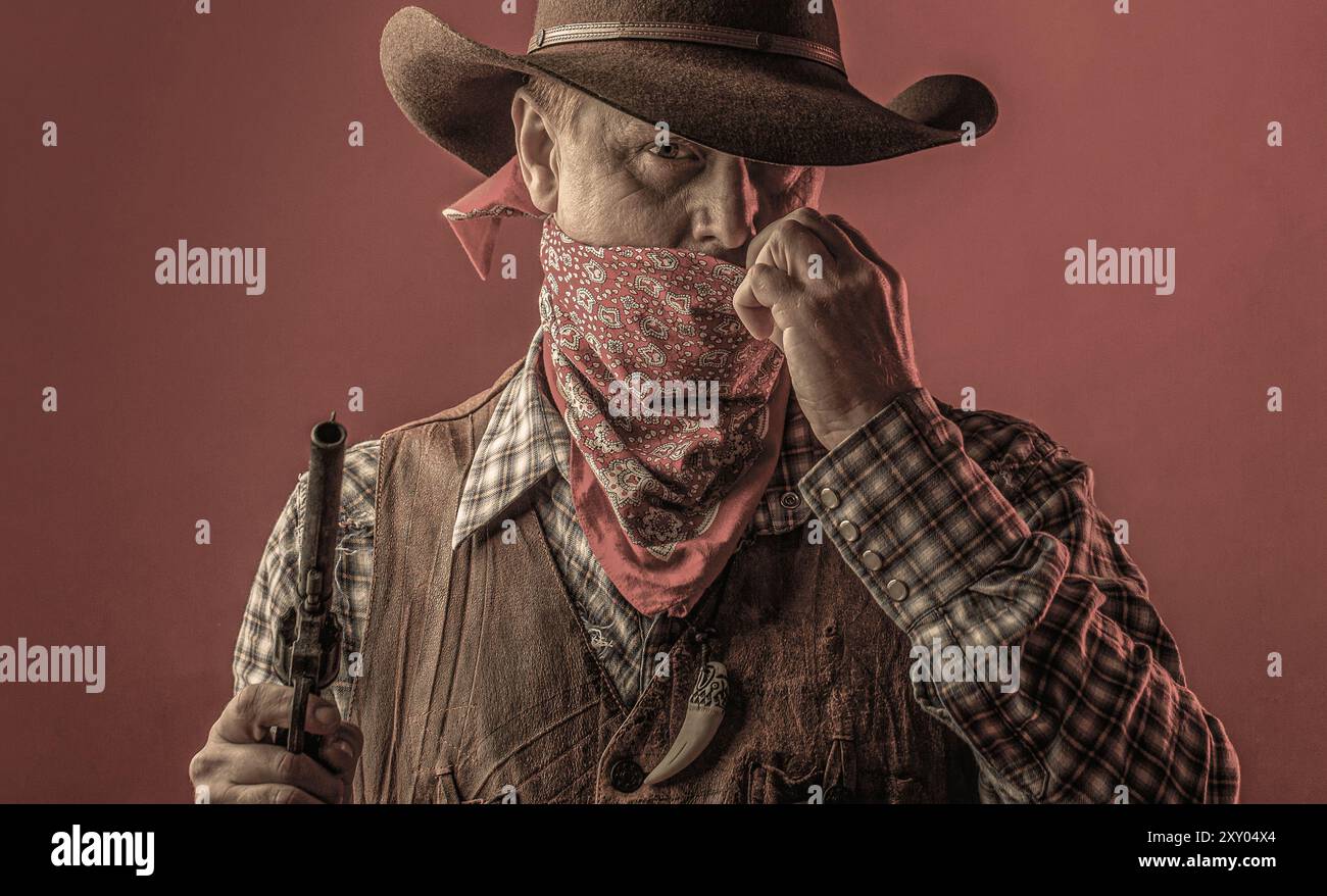Portrait of man wearing cowboy hat, gun, mask. West, guns. American ...