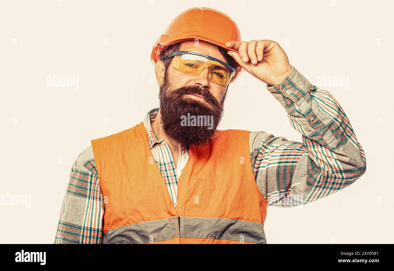 Man builders, industry. Bearded man worker with beard in building ...