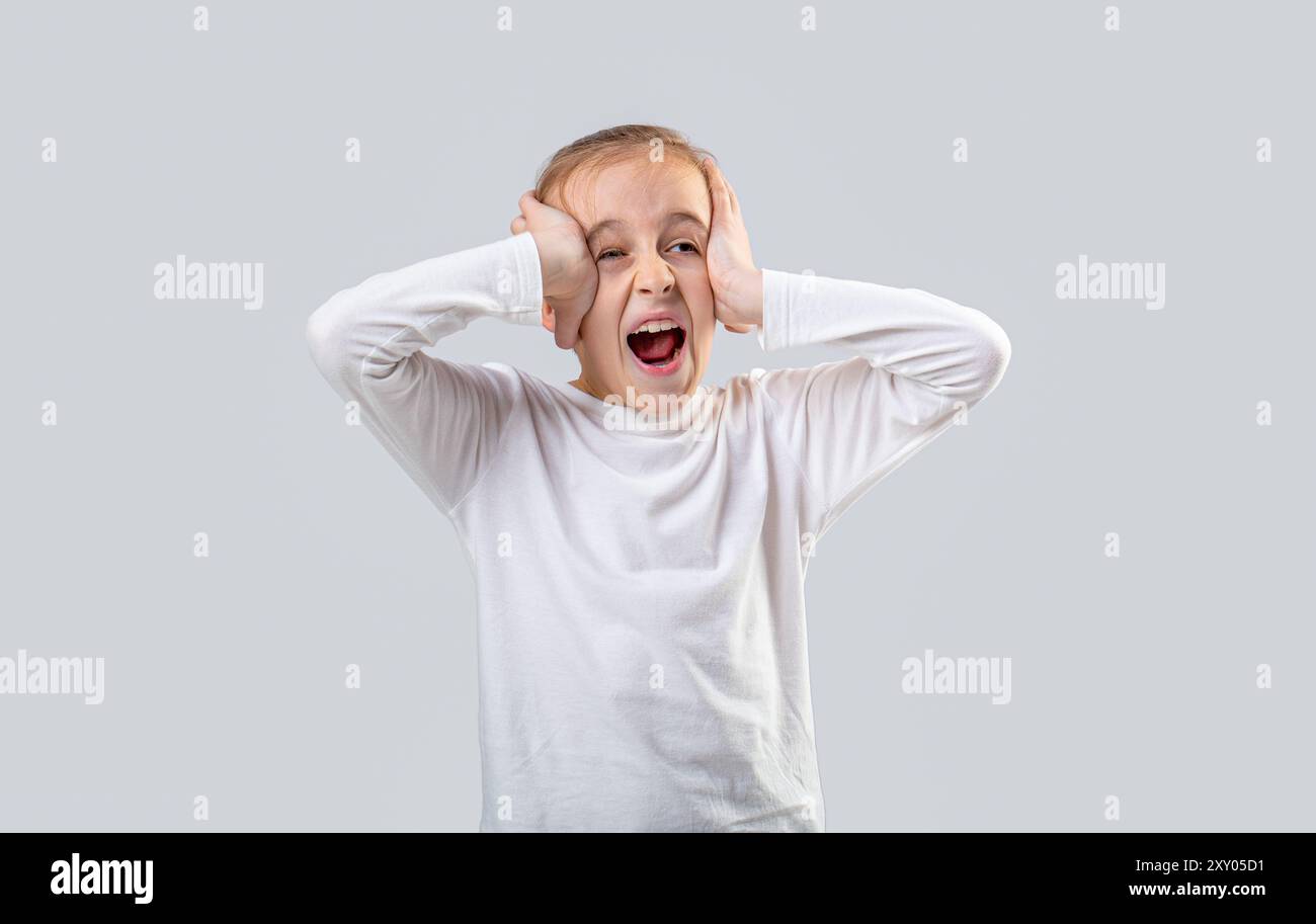 Child shouting. Little boy is screaming, crying a lot. Children's whims ...