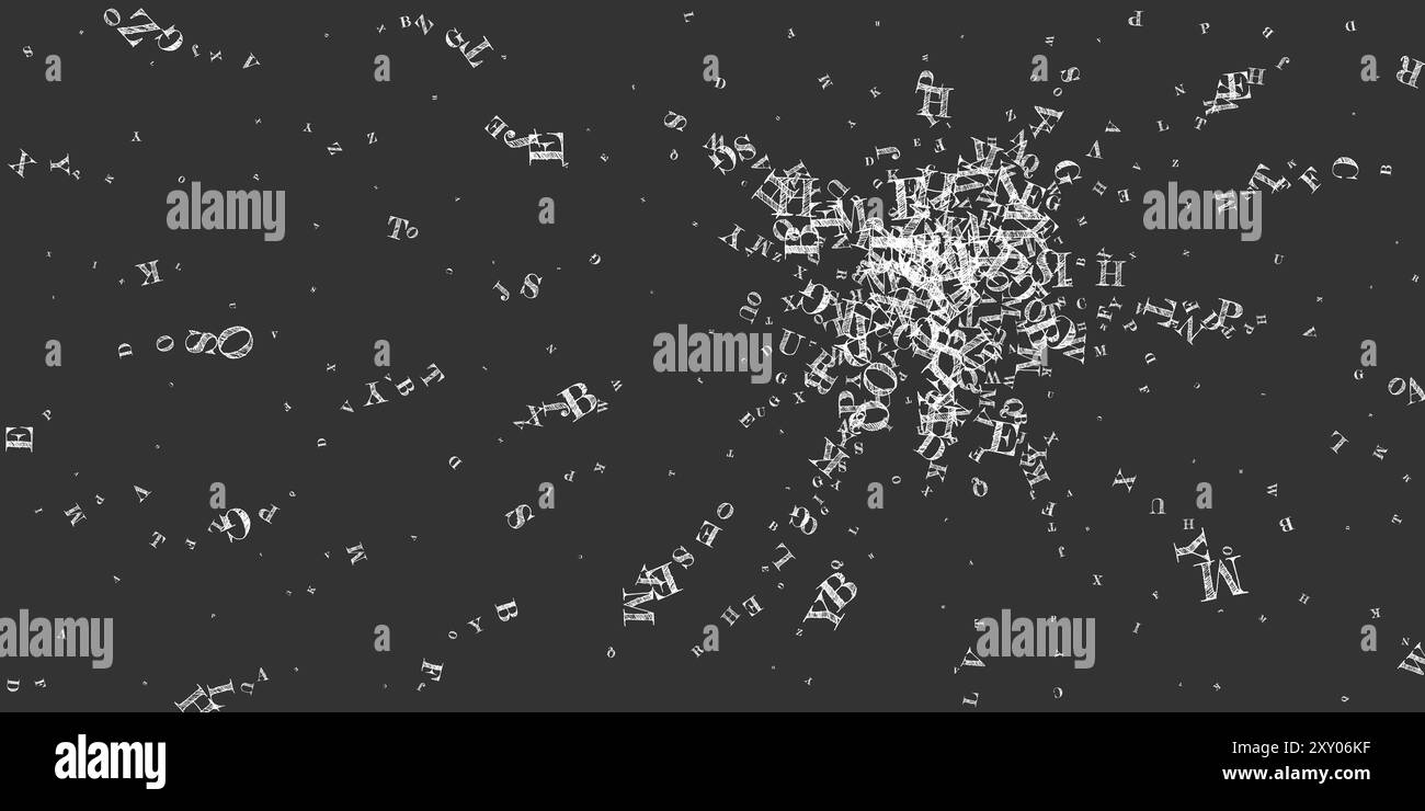 School notebook cover. White chalk floating letters of Latin alphabet ...