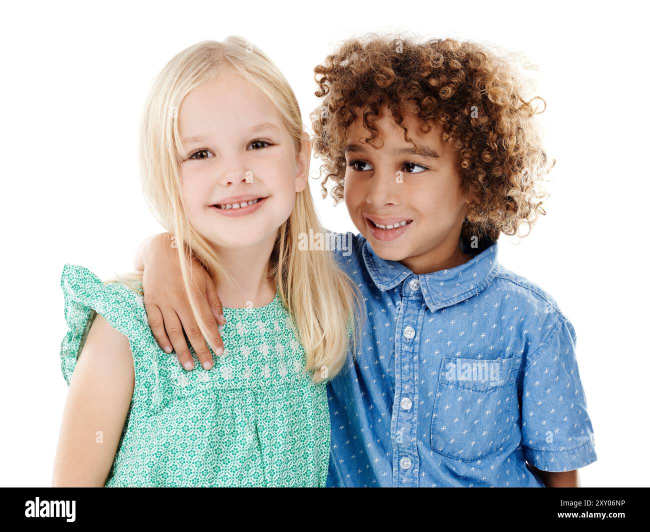 Boy, girl and portrait of kids in studio with hug, smile and fashion ...