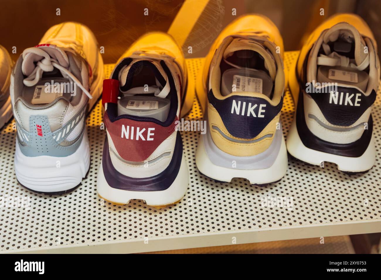 Hong Kong - August 13, 2024: Nike shoes with nike logos on a display in ...