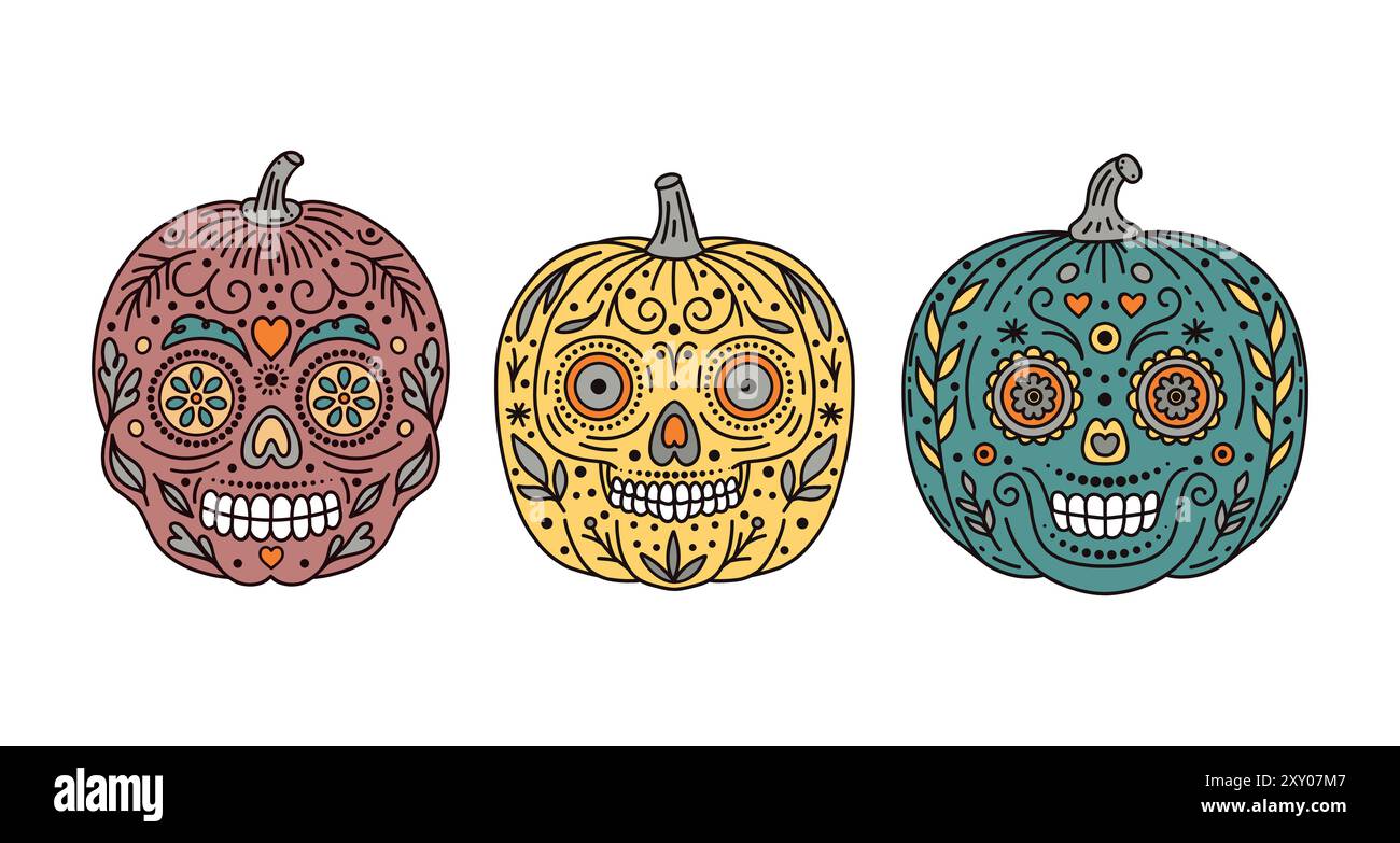 Set of Halloween pumpkins with faces of traditional mexican holiday Day ...