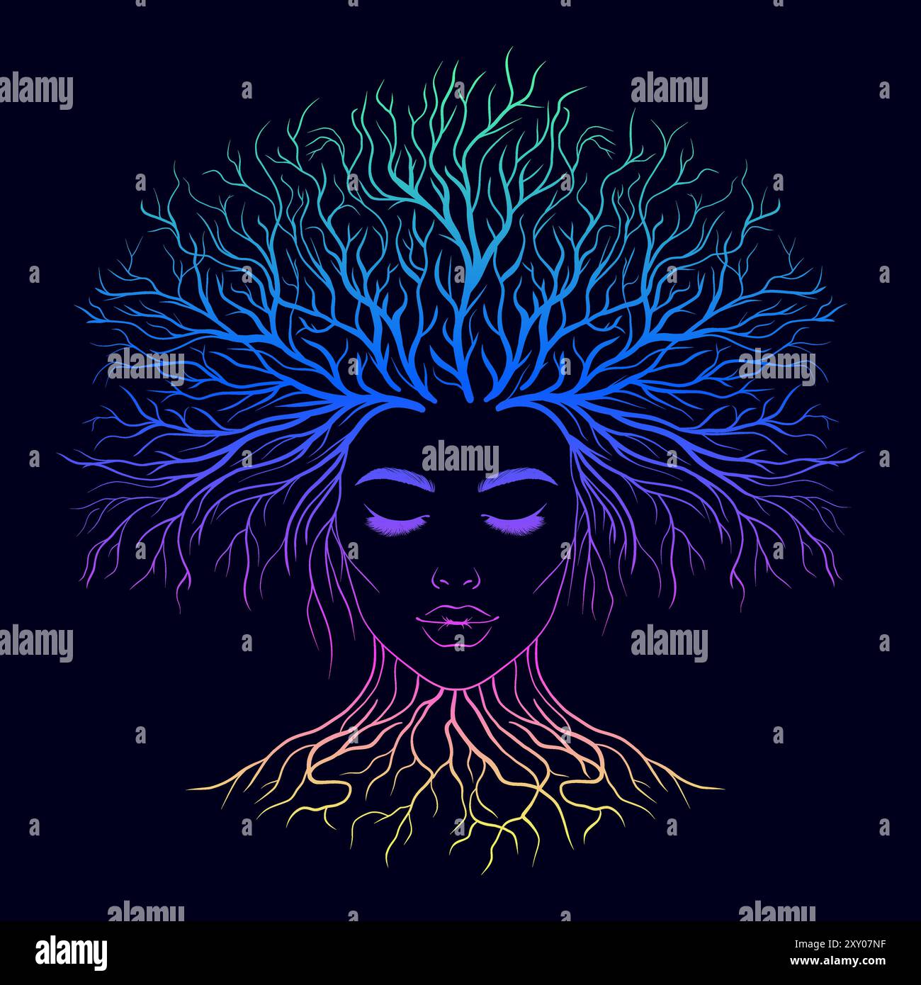 The face of a woman with a growing tree on her head. Gradient colors ...