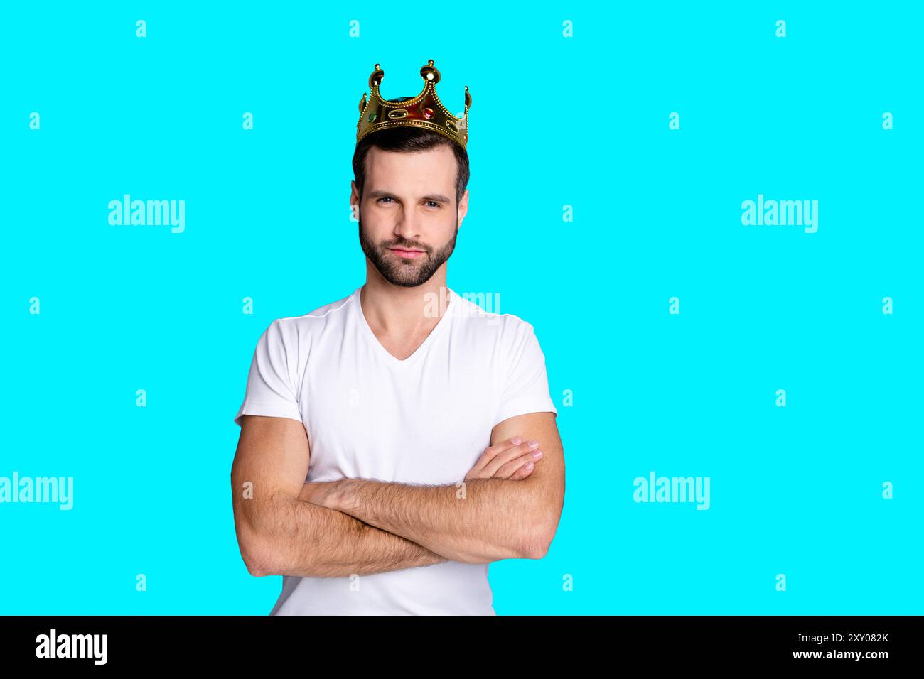 Portrait of charming lovely stunning guy have crown feel proud ...