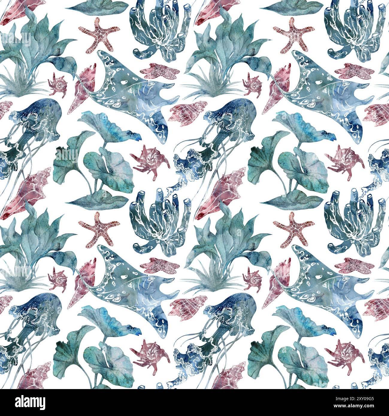 Watercolor and ink hand drawn marine life, sea ocean underwater ...