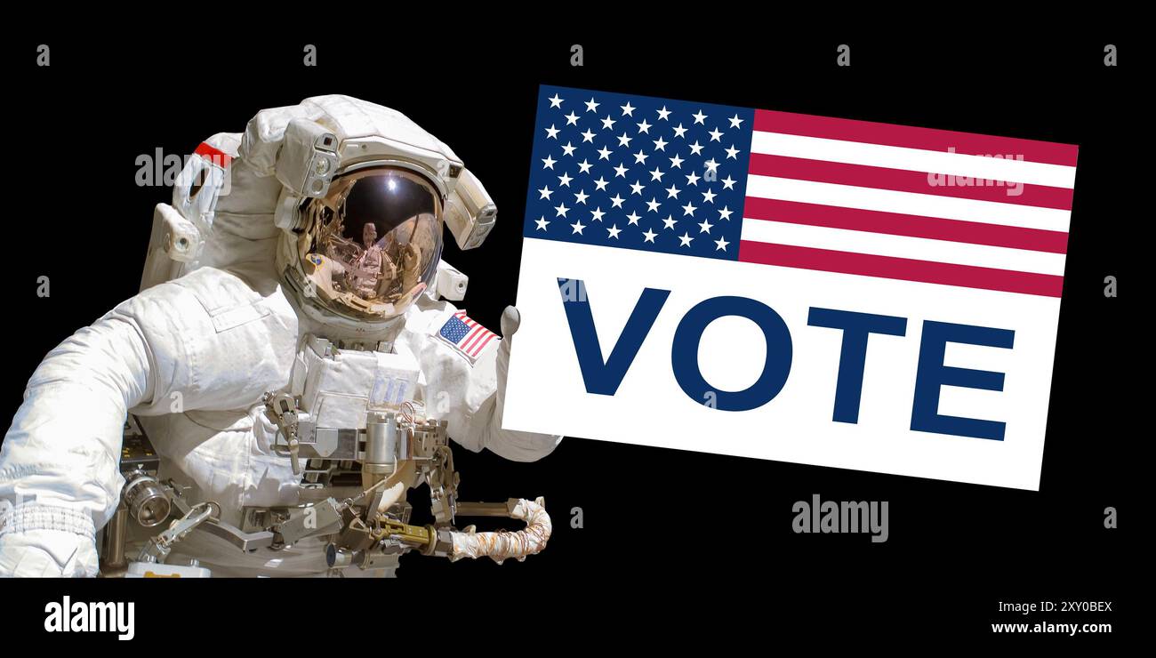 Astronaut in space holding a sign VOTE, US presidential election 2024 ...