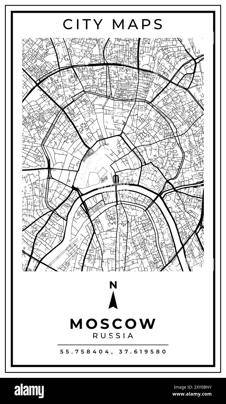 Monochrome Line Art Map of Moscow City Russia, Illustration and home ...