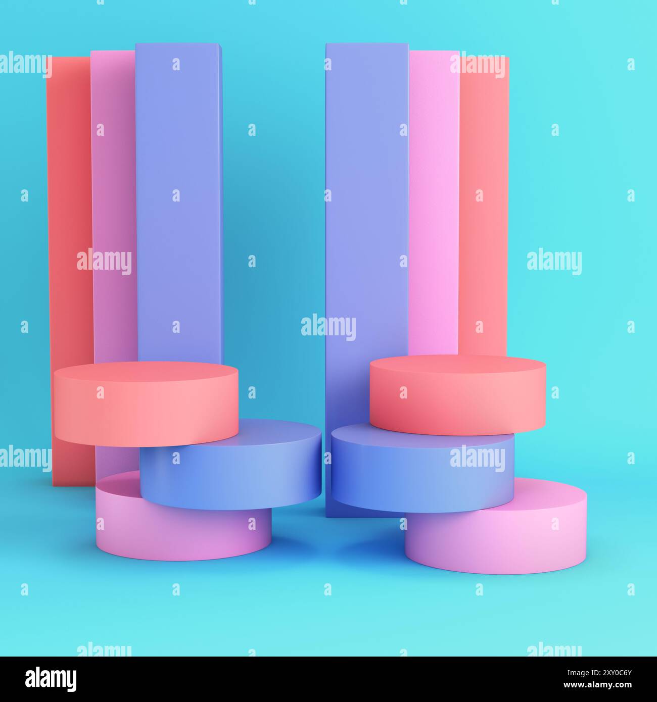Cylindrical podium with panels on bright blue background in pastel ...