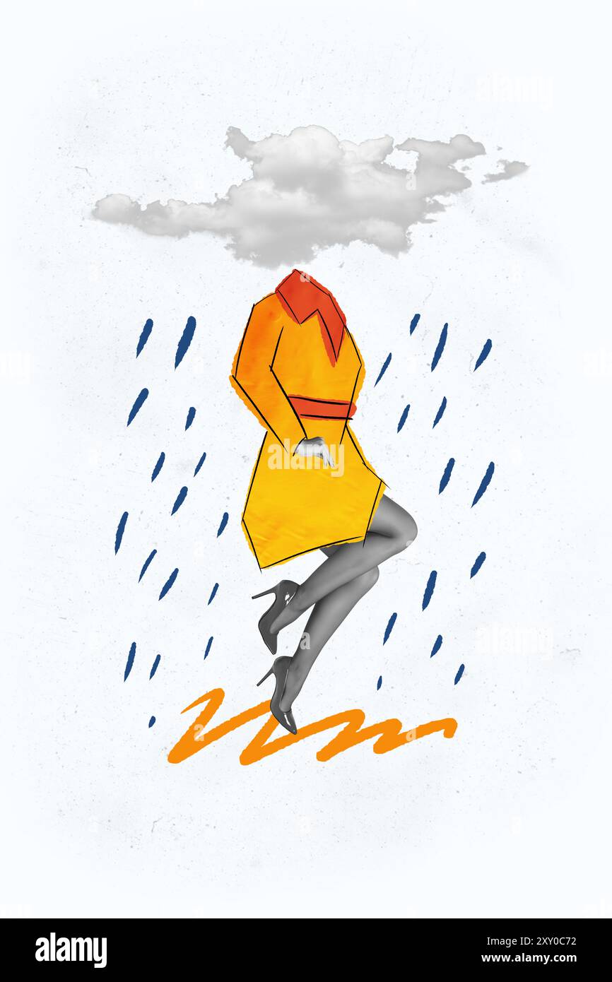 Vertical photo collage of headless girl wear heels raincoat rain storm ...