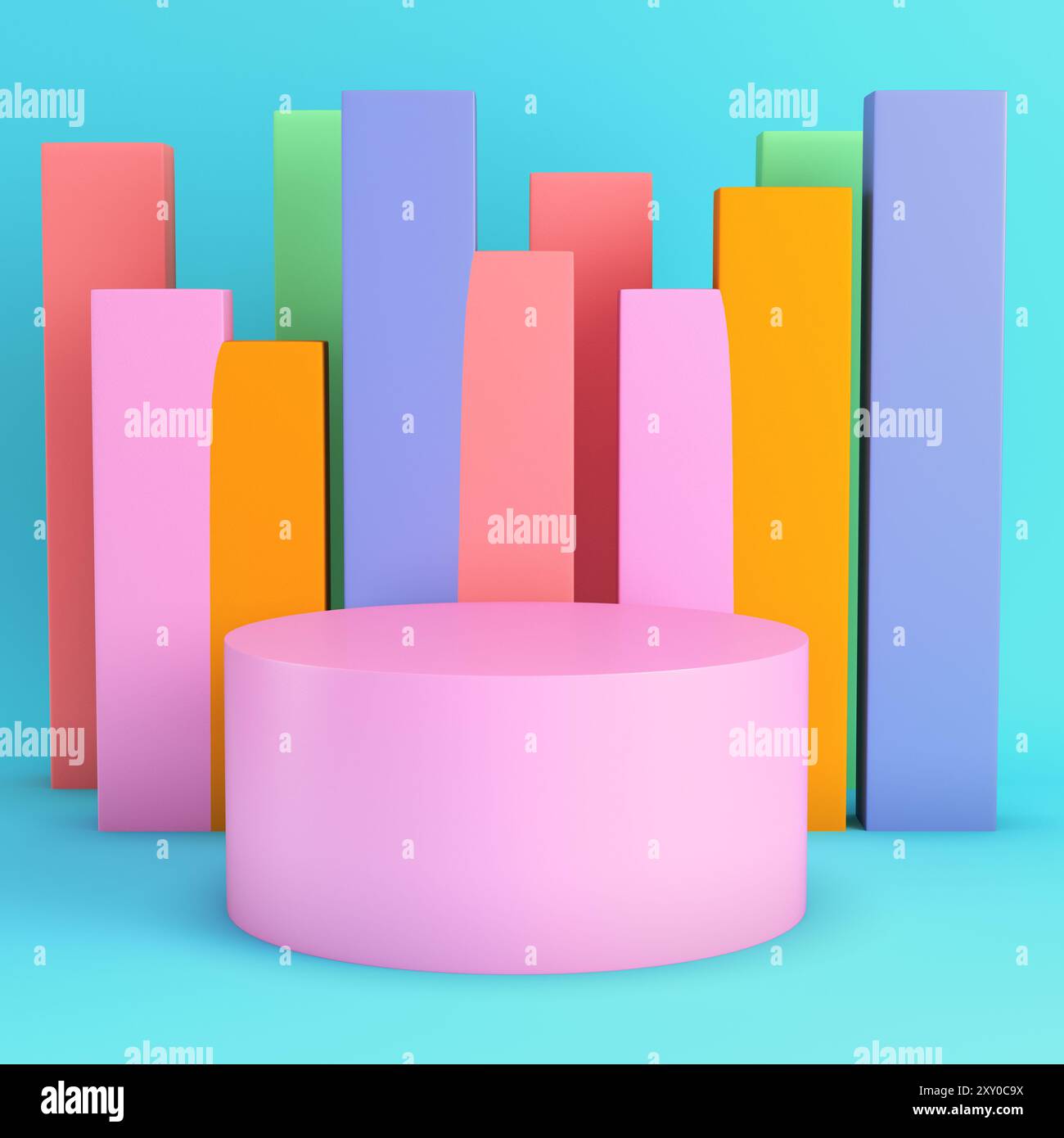 Pink cylindrical podium with panels on bright blue background in pastel ...
