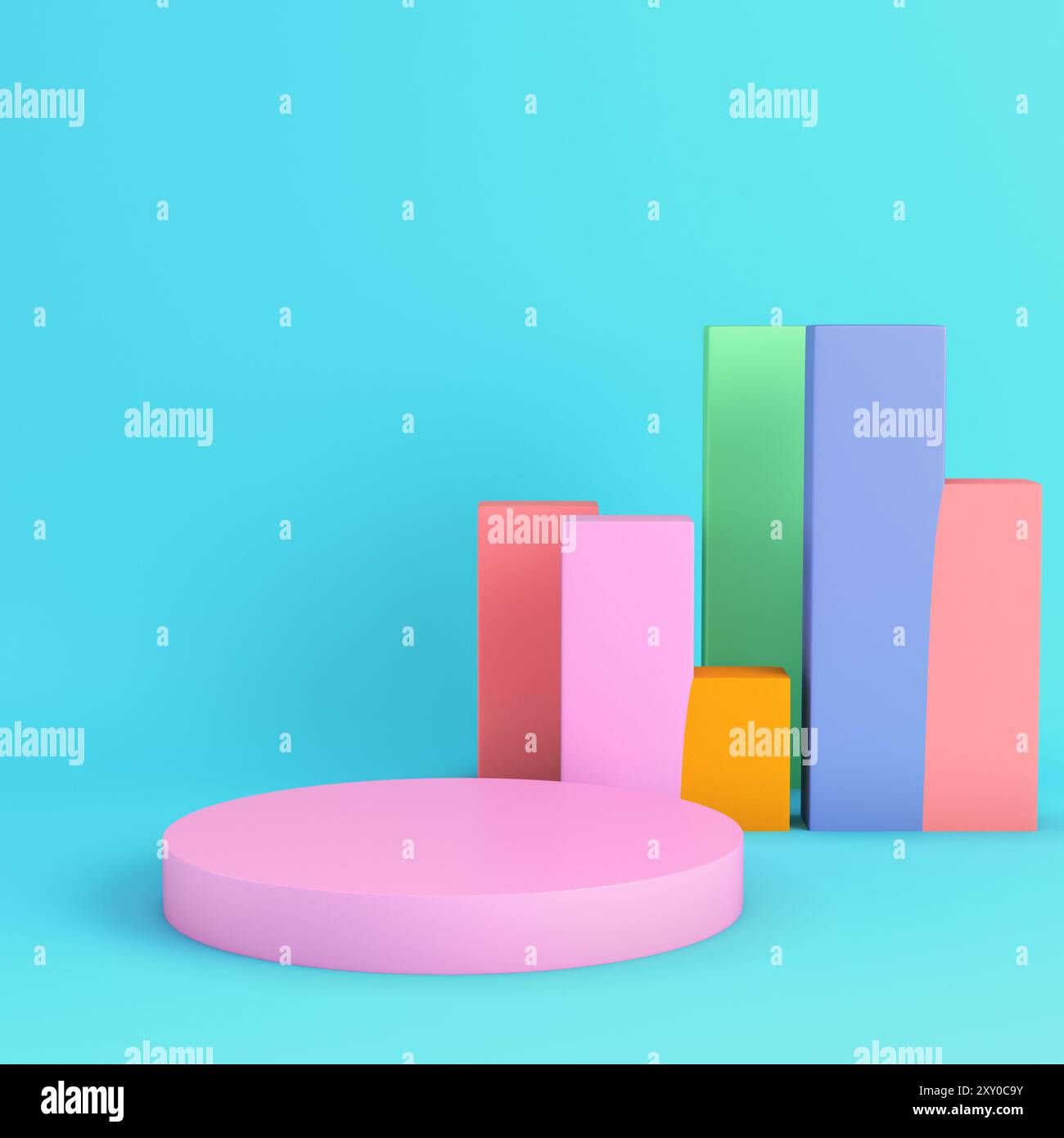 Pink cylindrical podium with panels on bright blue background in pastel ...