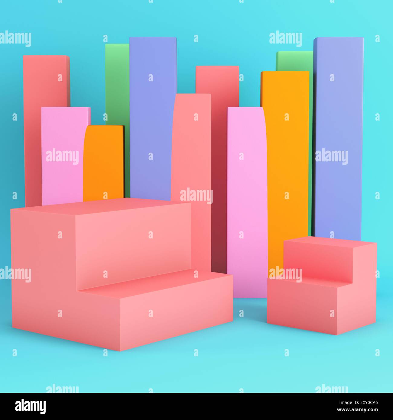 Pink boxes with panel on bright blue background in pastel colors for ...