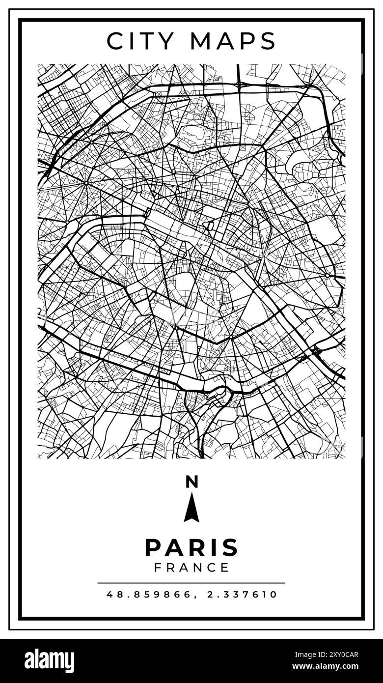 Monochrome Line Art Map of Paris City France, Illustration and home ...