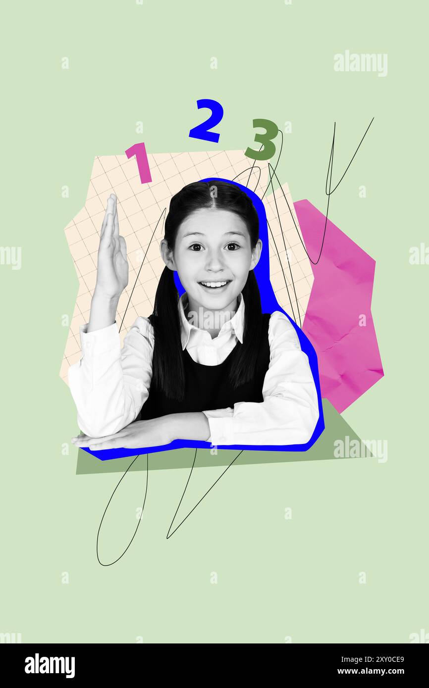 Vertical photo collage of happy schoolgirl hold hand answer math lesson ...