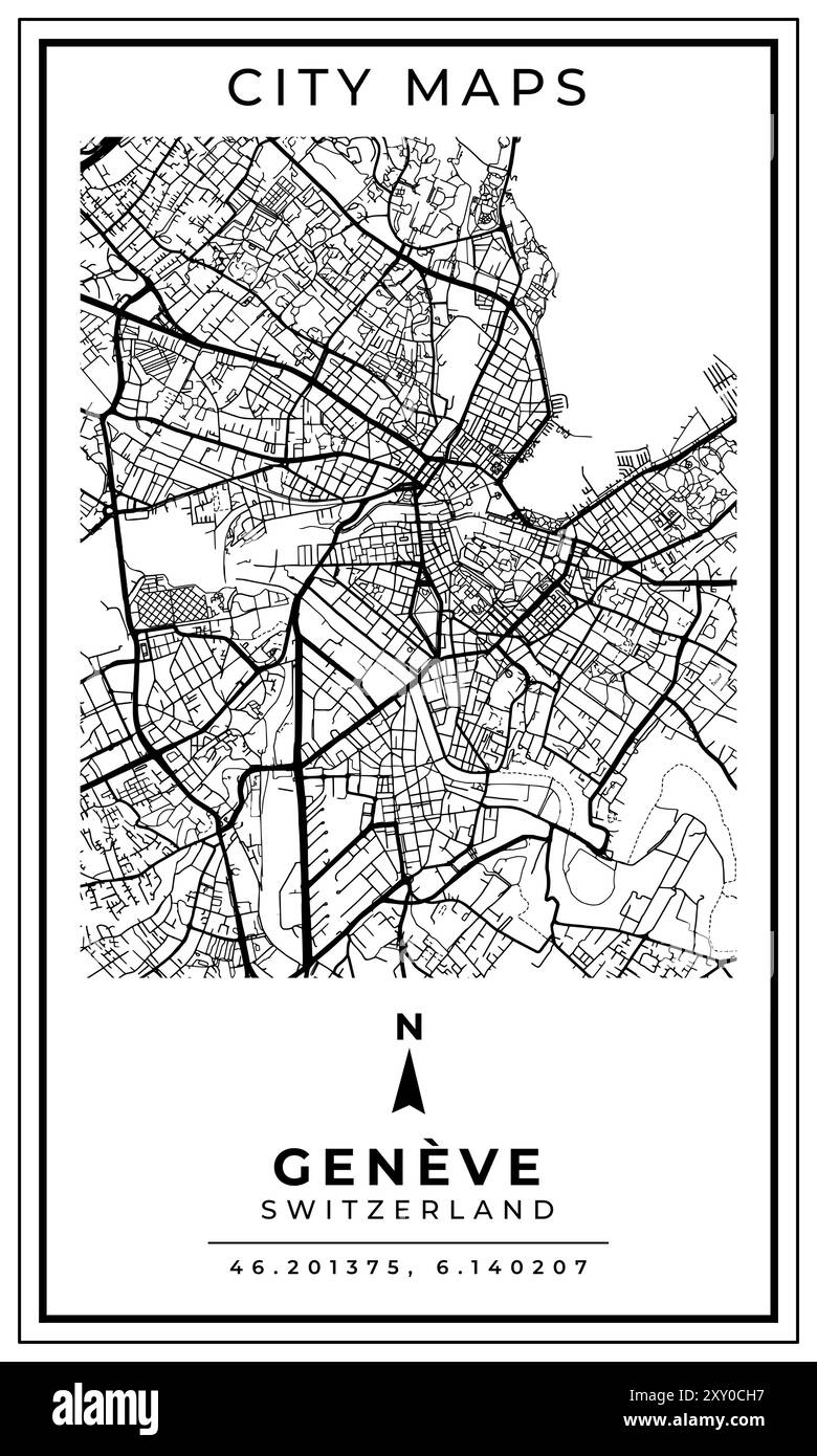 Monochrome Line Art Map of Geneve City Switzerland, Illustration and ...