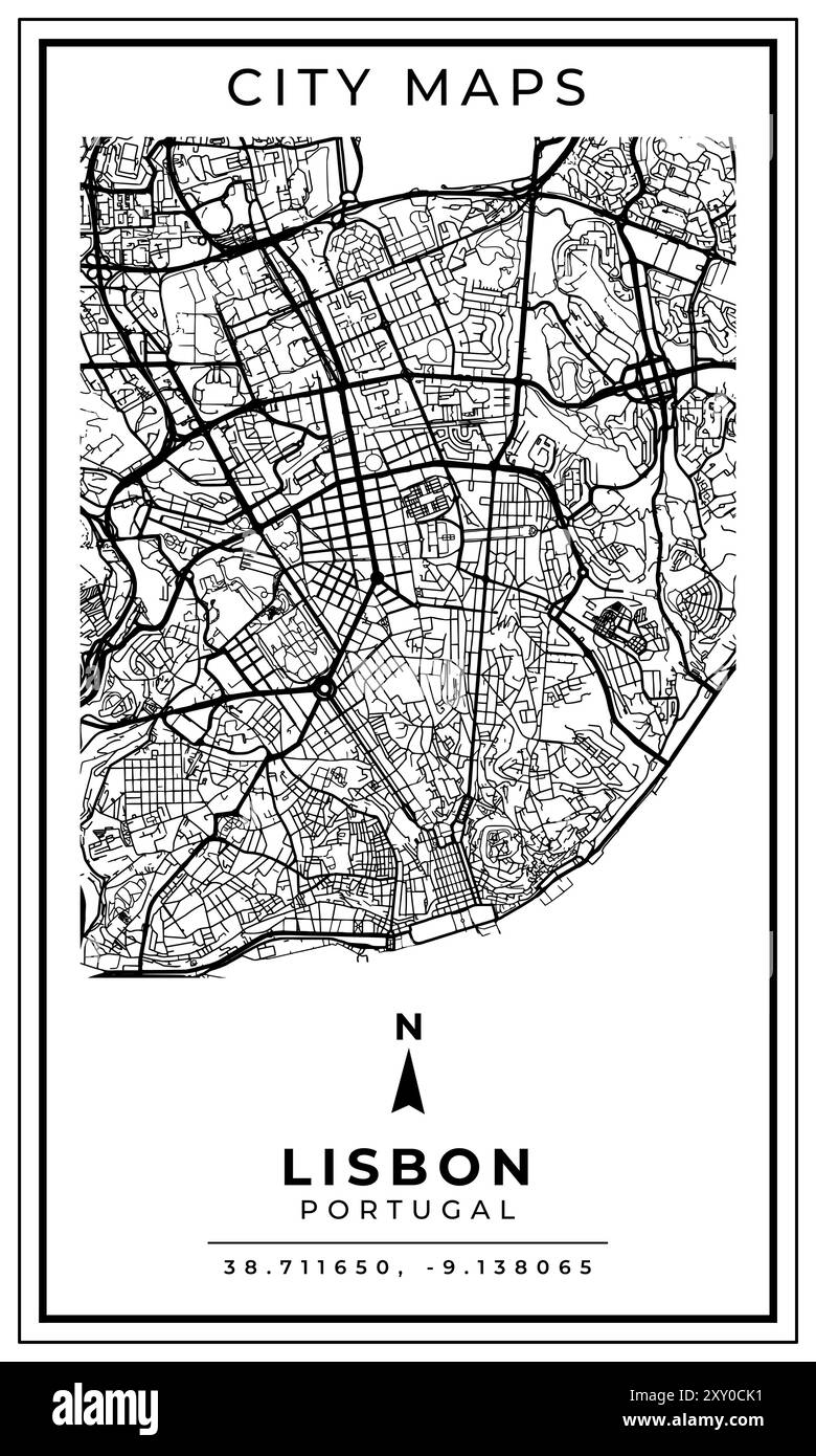 Monochrome Line Art Map of Lisbon City Portugal, Illustration and home decoration Stock Vector ...