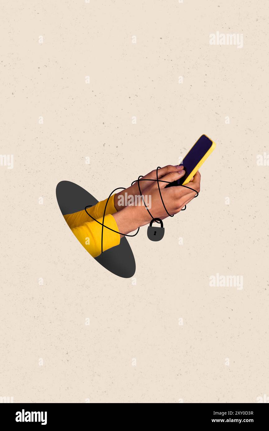 Creative drawing collage picture of hands hold telephone social media ...